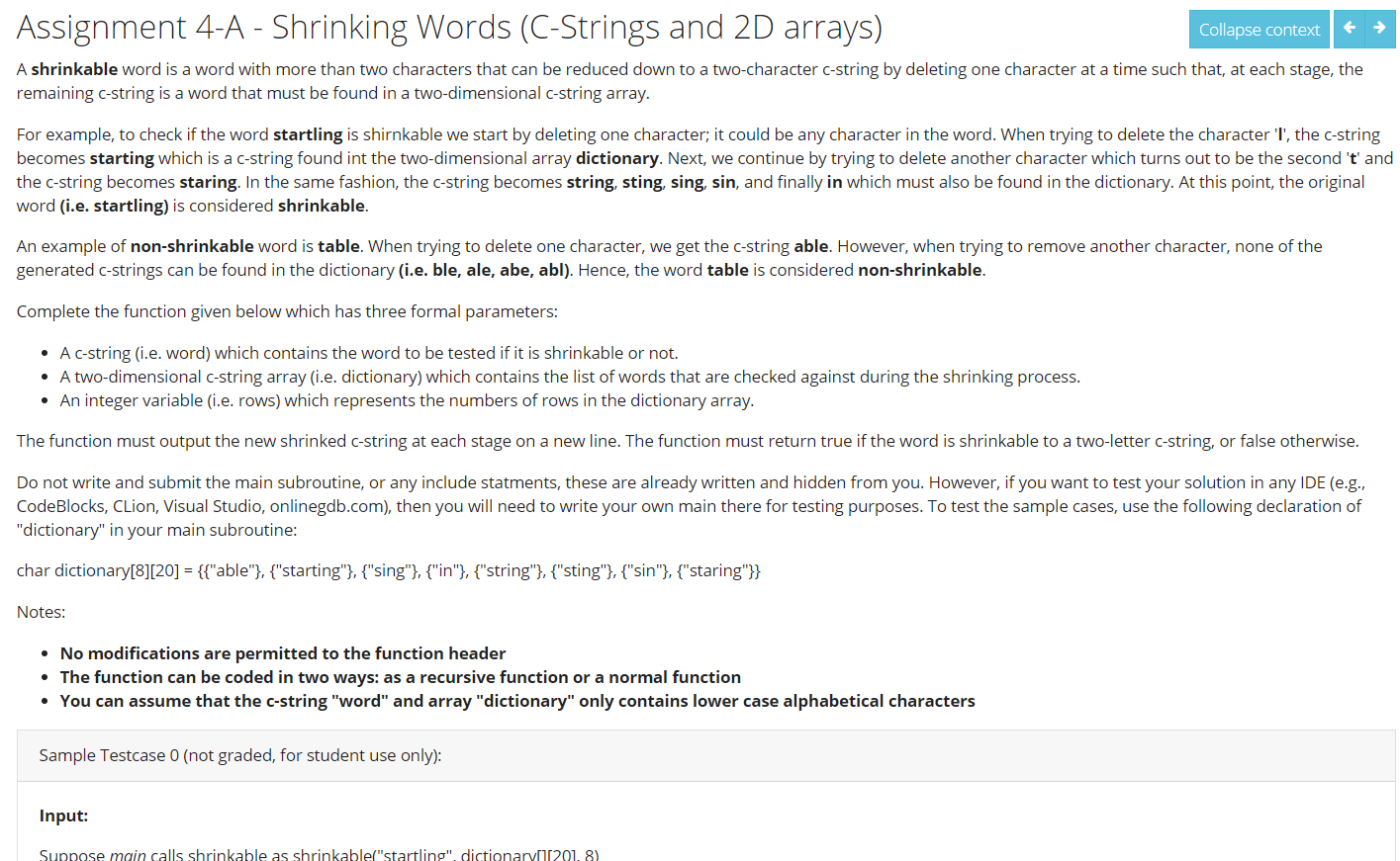 Solved Assignment 4-A - Shrinking Words (C-Strings and 2D | Chegg.com
