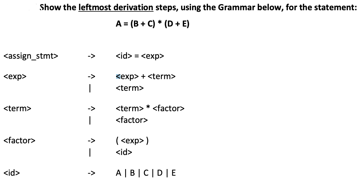 Solved Show the leftmost derivation steps, using the Grammar | Chegg.com