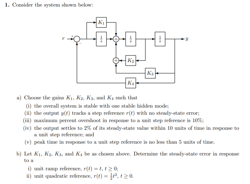 Solved 1. Consider the system shown below: K1 T 1 1 1 -Y K2 | Chegg.com
