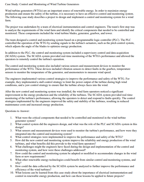 Solved Case Study: Control and Monitoring of Wind Turbine | Chegg.com