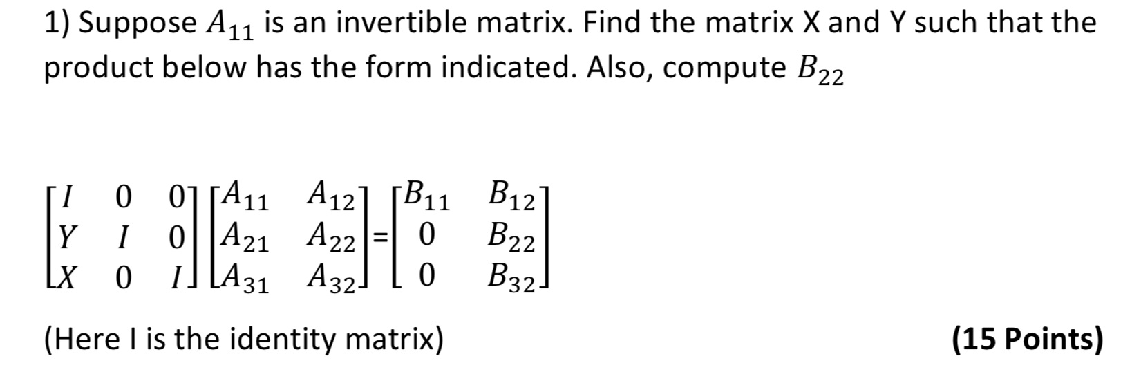 Solved 1) Suppose A11 is an invertible matrix. Find the | Chegg.com