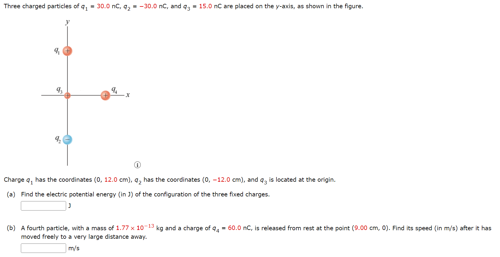 Solved Three charged particles of q1=30.0nC,q2=−30.0nC, and | Chegg.com