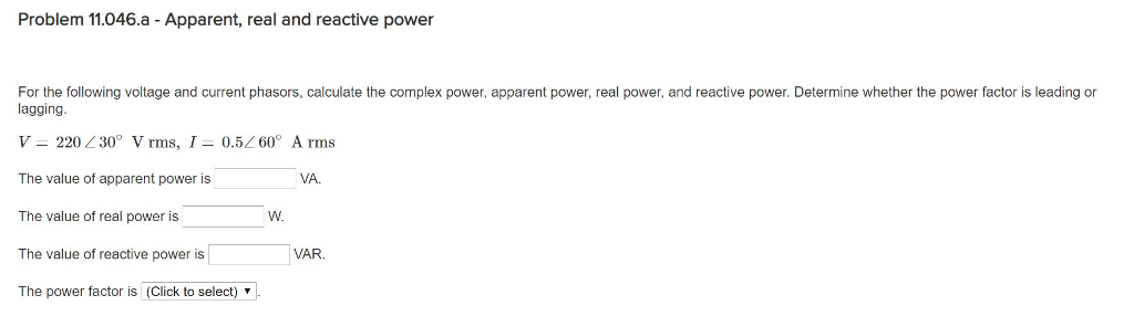 Solved For the following voltage and current phasors, | Chegg.com