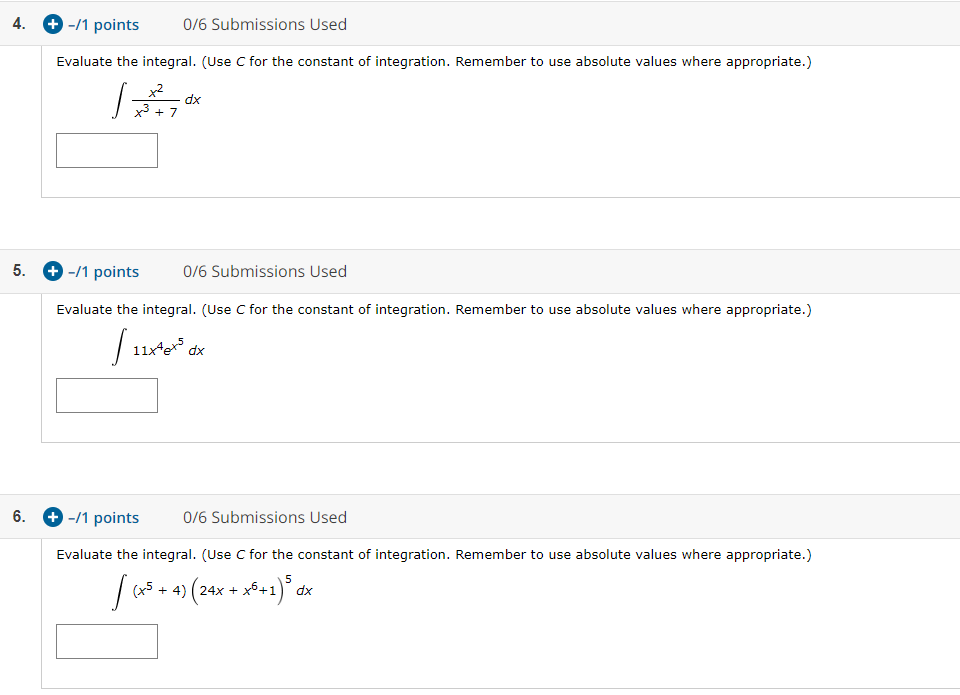 Solved 4. -/1 points 0/6 Submissions Used Evaluate the | Chegg.com