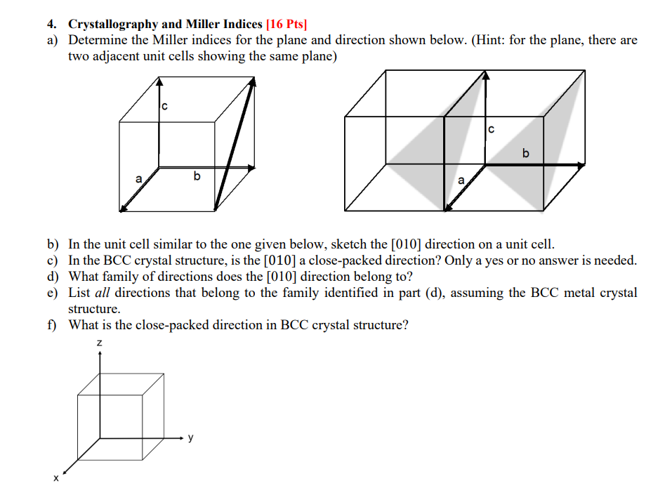 Solved 4. Crystallography and Miller Indices [16 Pts] a) | Chegg.com