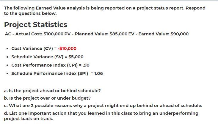 Solved The following Earned Value analysis is being reported | Chegg.com