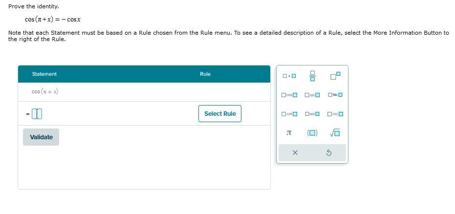 Solved Prove the identity. cos(π+x)=−cosx Note that each | Chegg.com