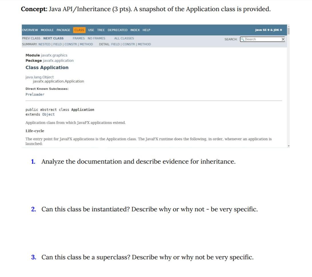Solved Concept: Java API/Inheritance (3 pts). A snapshot of | Chegg.com