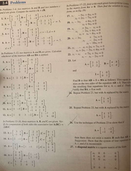 Solved Problems 1-4, two matrices A and B and two numbers c | Chegg.com