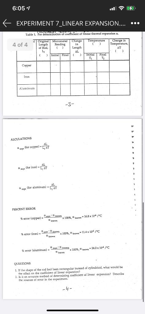 6:05 + EXPERIMENT 7_LINEAR EXPANSION.... ... | Chegg.com