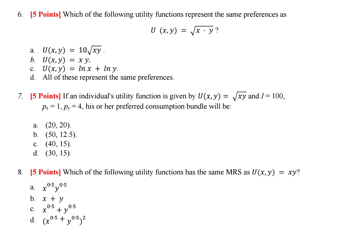 Solved [5 ﻿Points] ﻿Which of the following utility functions | Chegg.com