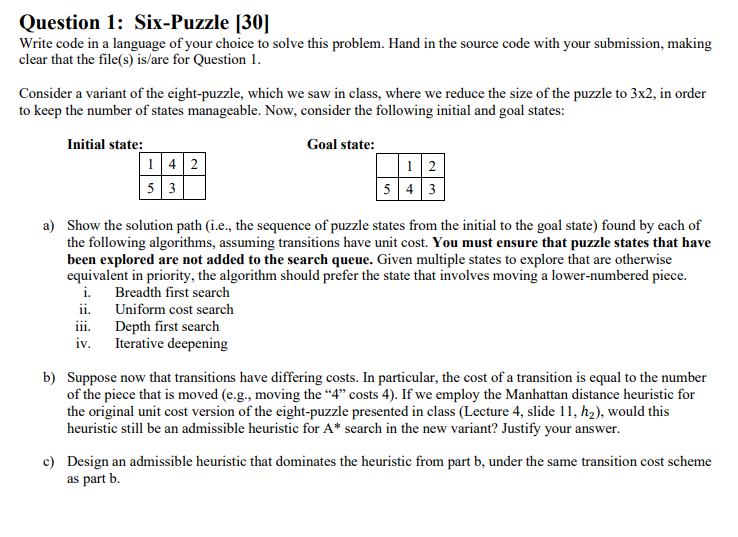 Question 1: Six-Puzzle [30] Write code in a language | Chegg.com