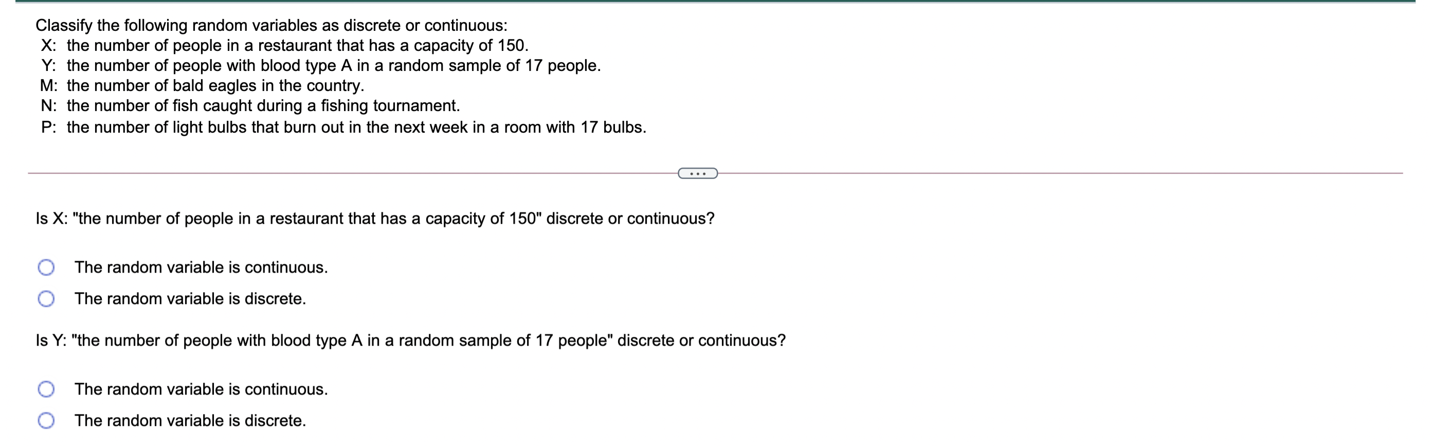Solved Classify the following random variables as discrete | Chegg.com