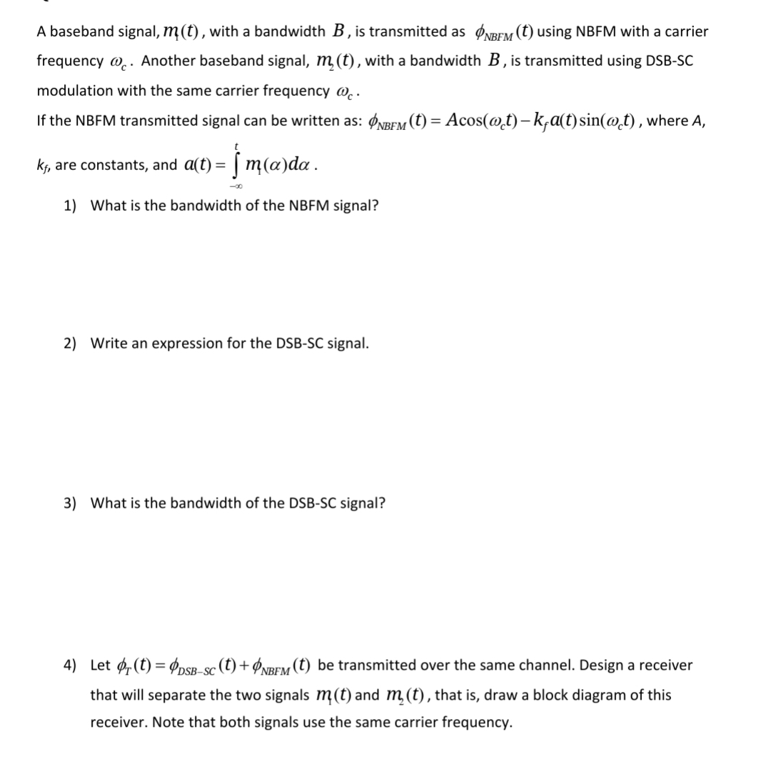 Solved A baseband signal, m1(t), with a bandwidth B, is | Chegg.com