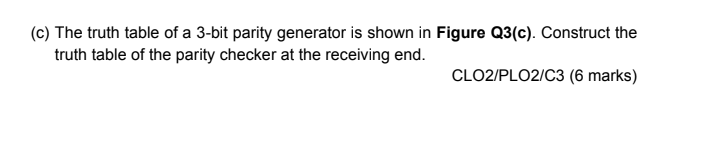 Solved (c) The truth table of a 3-bit parity generator is | Chegg.com