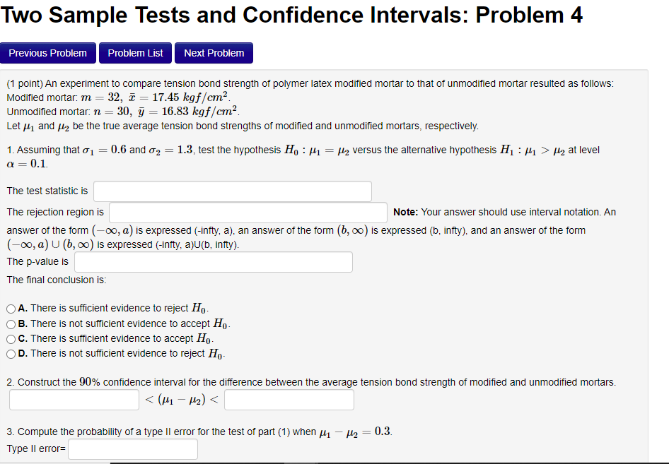 Solved Two Sample Tests and Confidence Intervals: Problem 4 | Chegg.com