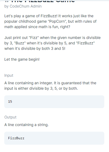 Solved by CodeChum Admin Let's play a game of FizzBuzz! It | Chegg.com