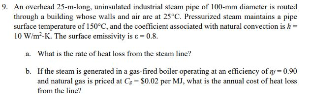 Solved 9. An overhead 25-m-long, uninsulated industrial | Chegg.com