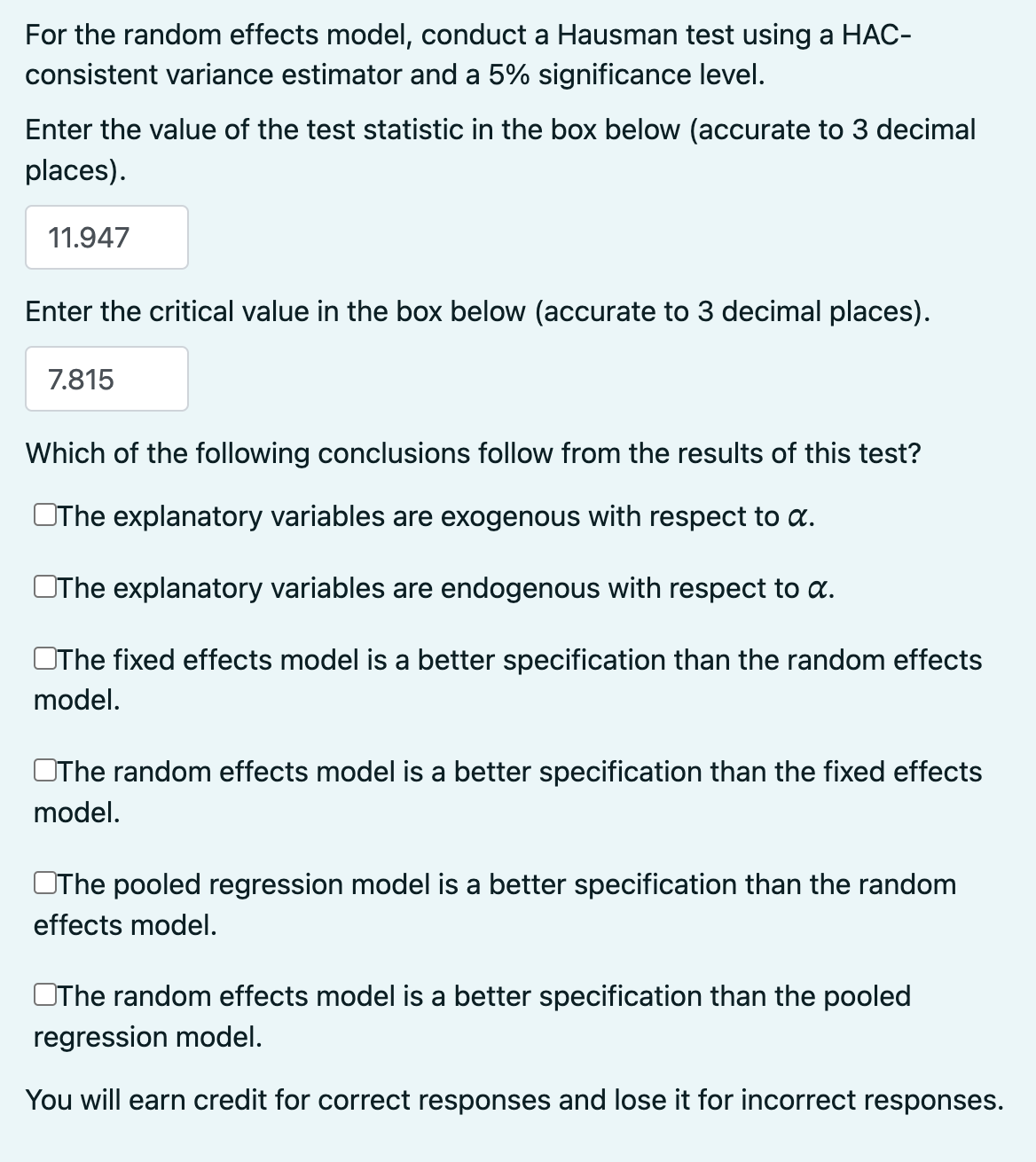 Solved For the random effects model, conduct a Hausman test | Chegg.com