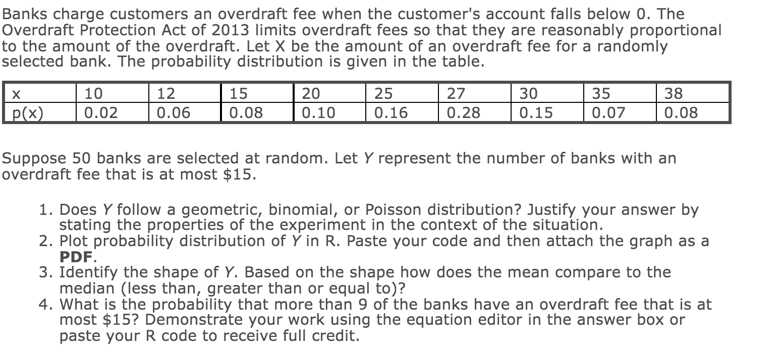 Solved Banks charge customers an overdraft fee when the | Chegg.com