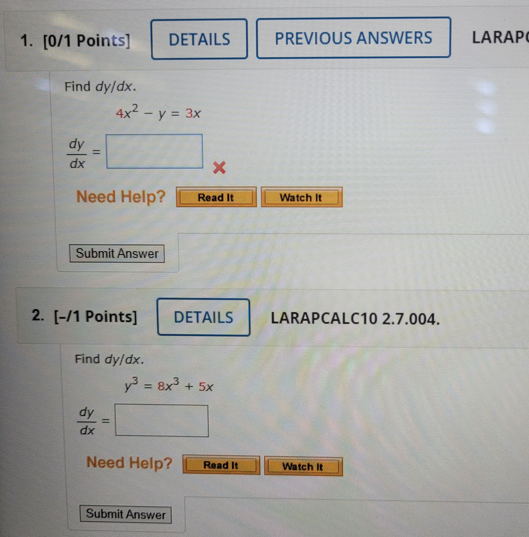 Solved Find dy/dx. 4x2−y=3x dxdy= [-/1 Points] Find dy/dx. | Chegg.com
