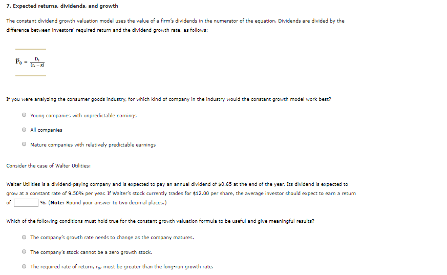 Solved 7. Expected returns, dividends, and growth The | Chegg.com