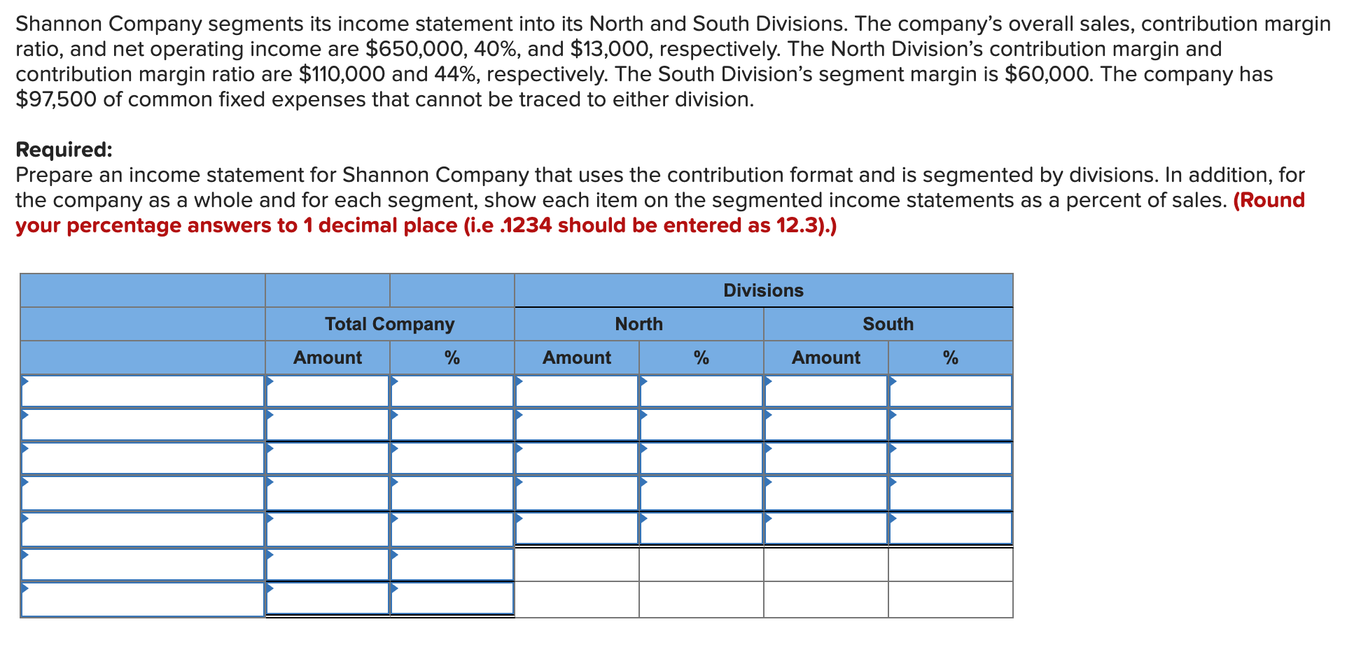 Solved Shannon Company segments its income statement into | Chegg.com