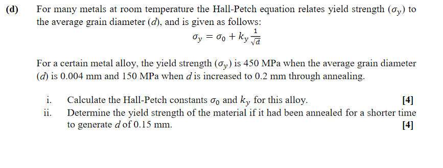 Solved For many metals at room temperature the Hall-Petch | Chegg.com