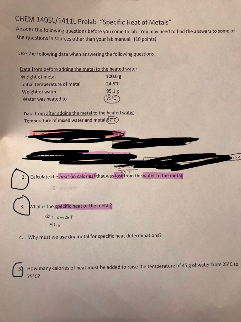 Solved CHEM 1405L/1411L Prelab "Specific Heat of Metals" | Chegg.com