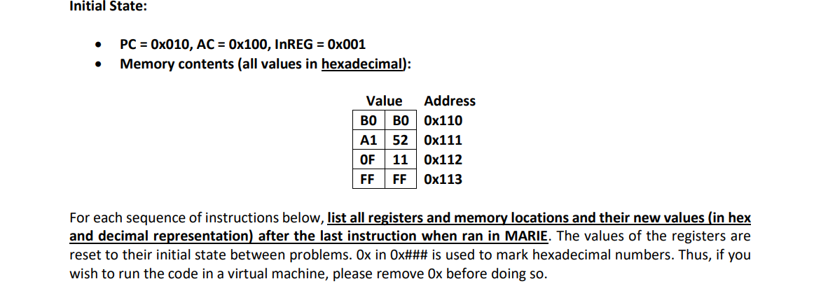 Solved - PC=0×010,AC=0×100,InREG=0×001 - Memory contents | Chegg.com