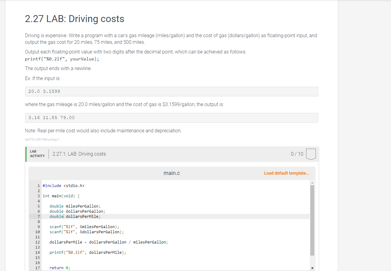 Solved 2 27 Lab Driving Costs Driving Is Expensive Write A
