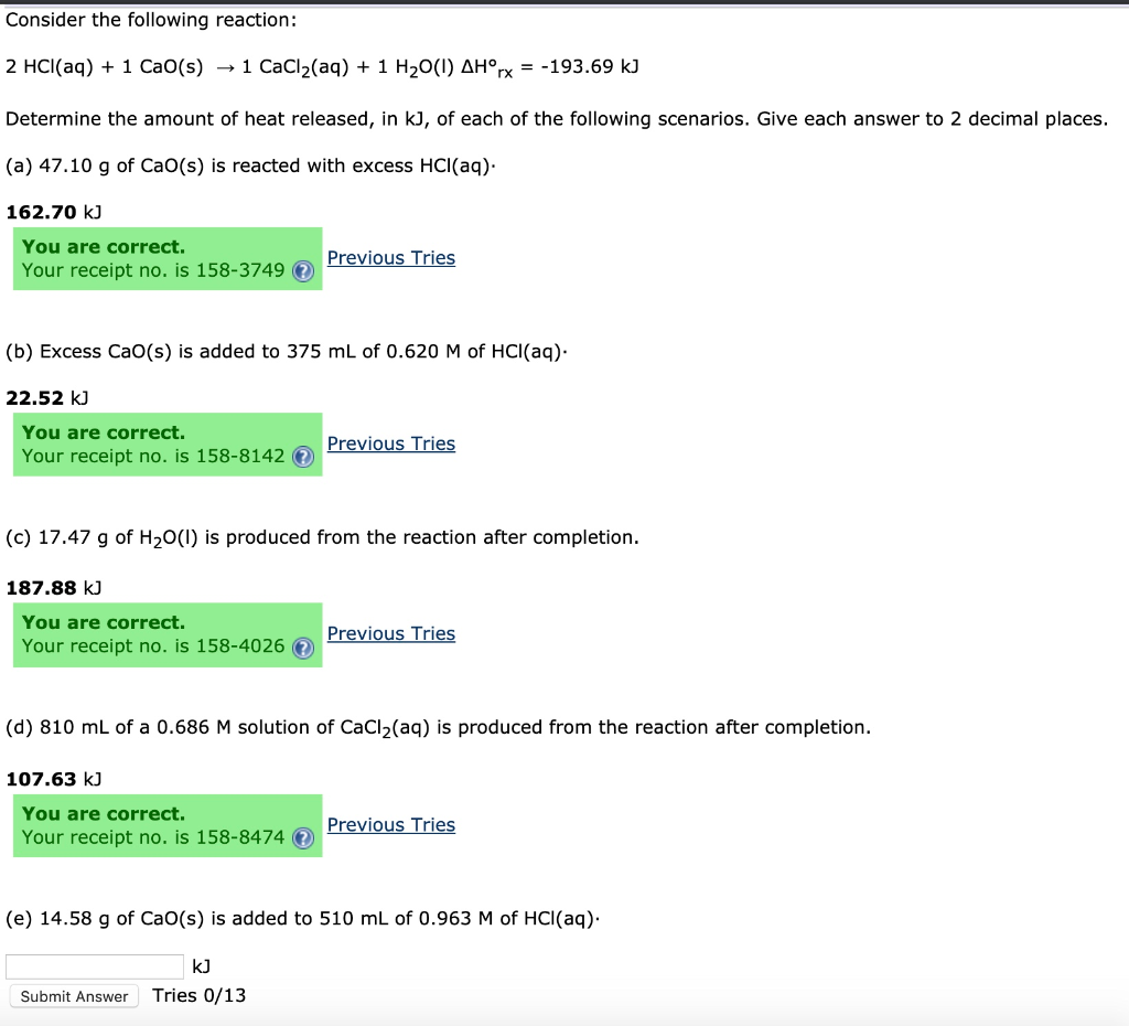 Solved Consider the following reaction: 2 HCl(aq) + 1 Cao(s) | Chegg.com