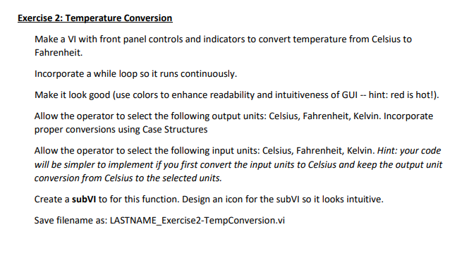 Exercise 2: Temperature Conversion Make a VI with | Chegg.com
