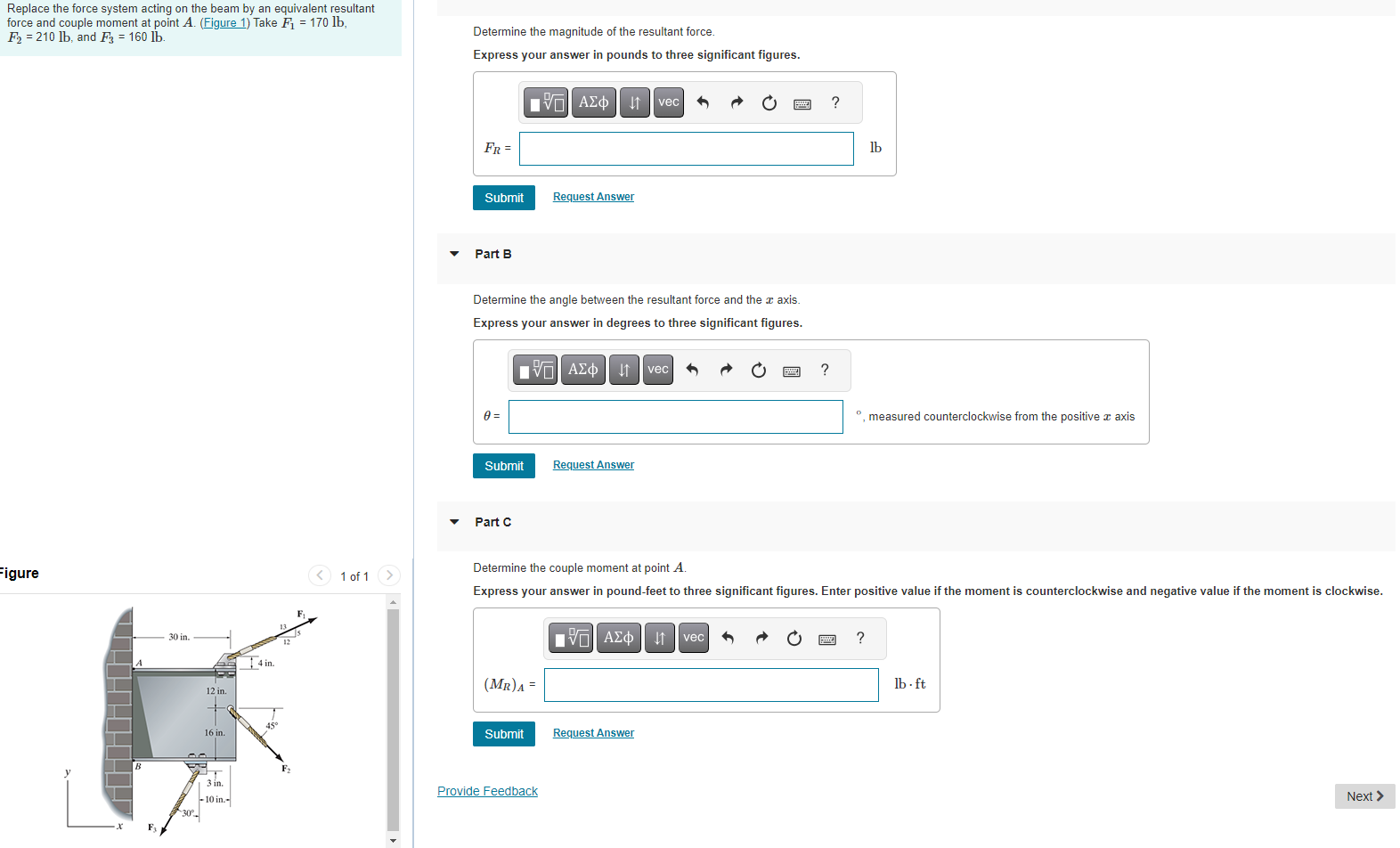 Solved Replace the force system acting on the beam by an | Chegg.com