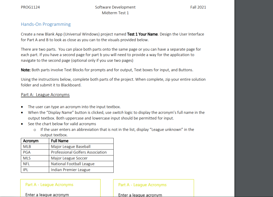 PROG1124 Fall 2021 Software Development Midterm Test | Chegg.com