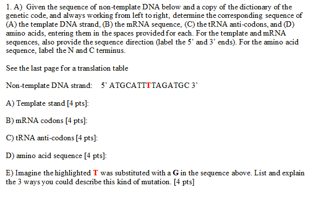 Solved 1. A) Given the sequence of non-template DNA below | Chegg.com