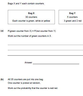Solved Bags X and Y each contain counters. Bag X 30 counters | Chegg.com