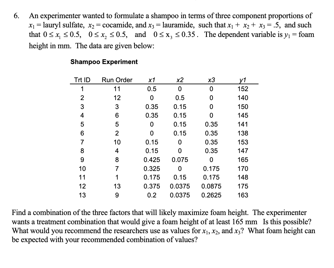 Solved 6. An experimenter wanted to formulate a shampoo in | Chegg.com