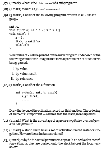 Solved (17) (1 mark) What is the static parent of a | Chegg.com