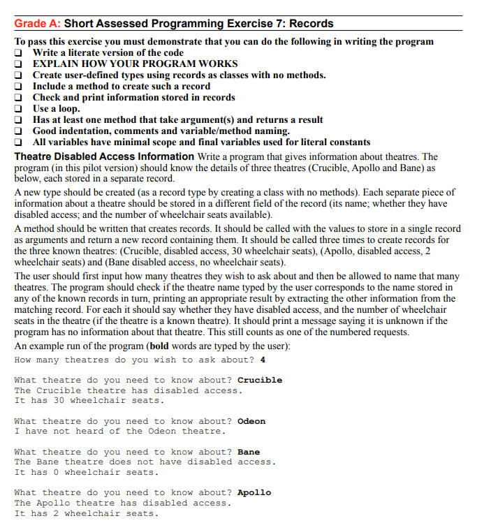 Solved Grade A: Short Assessed Programming Exercise 7: | Chegg.com