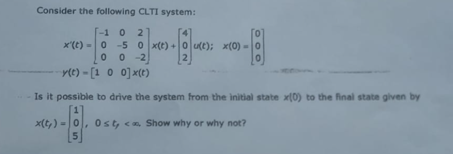 Solved Consider the following CLTI system: | Chegg.com