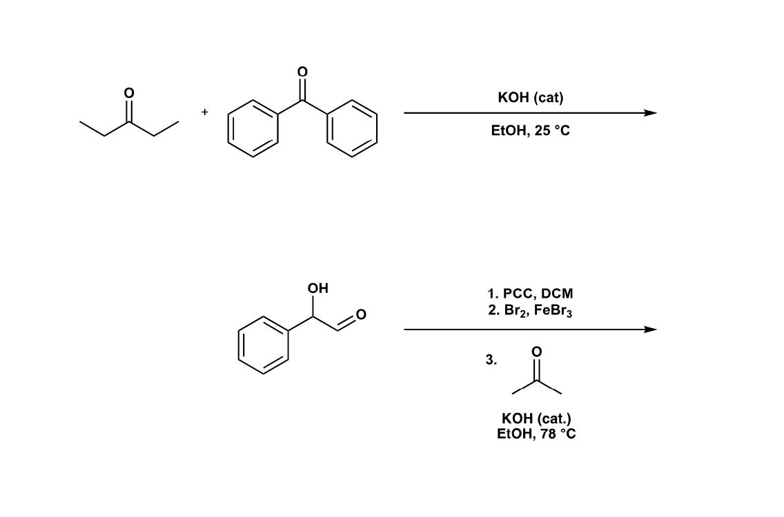 Solved KOH (cat) EtOH, 25 °C OH 1. PCC, DCM 2. Br2, FeBr 3 | Chegg.com