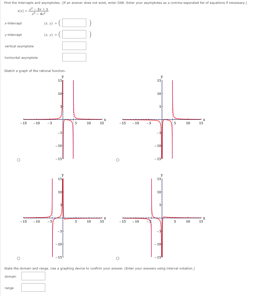 Solved Find the intercepts and asymptotes. (If an answer | Chegg.com