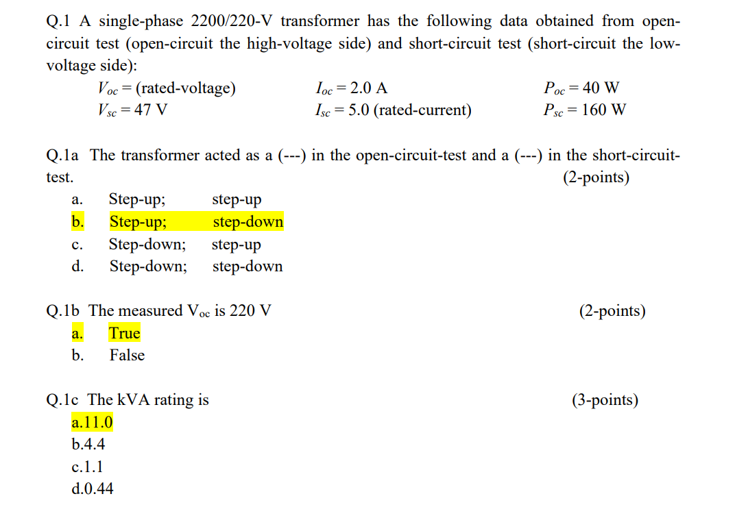 Solved Q.1 A single-phase 2200/220−V transformer has the | Chegg.com