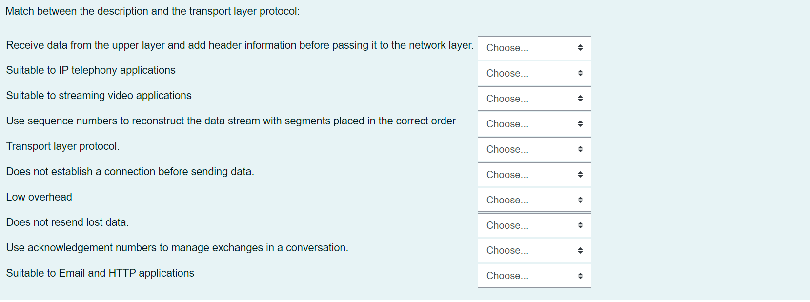 Solved Match between the description and the transport layer | Chegg.com