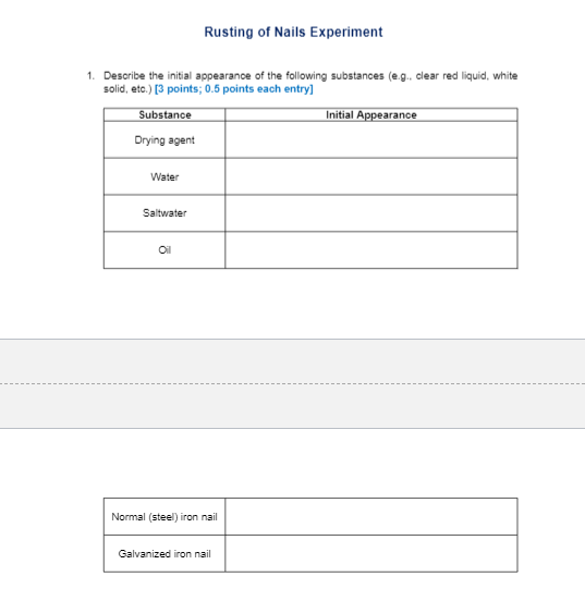 Rusting of Nails Experiment 1. Describe the initial | Chegg.com