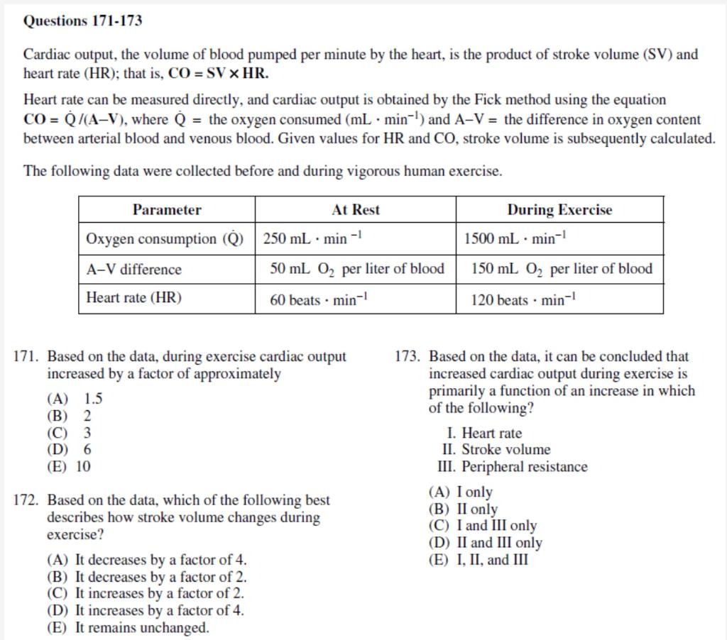 Solved Questions 171-173 Cardiac output, the volume of blood | Chegg.com