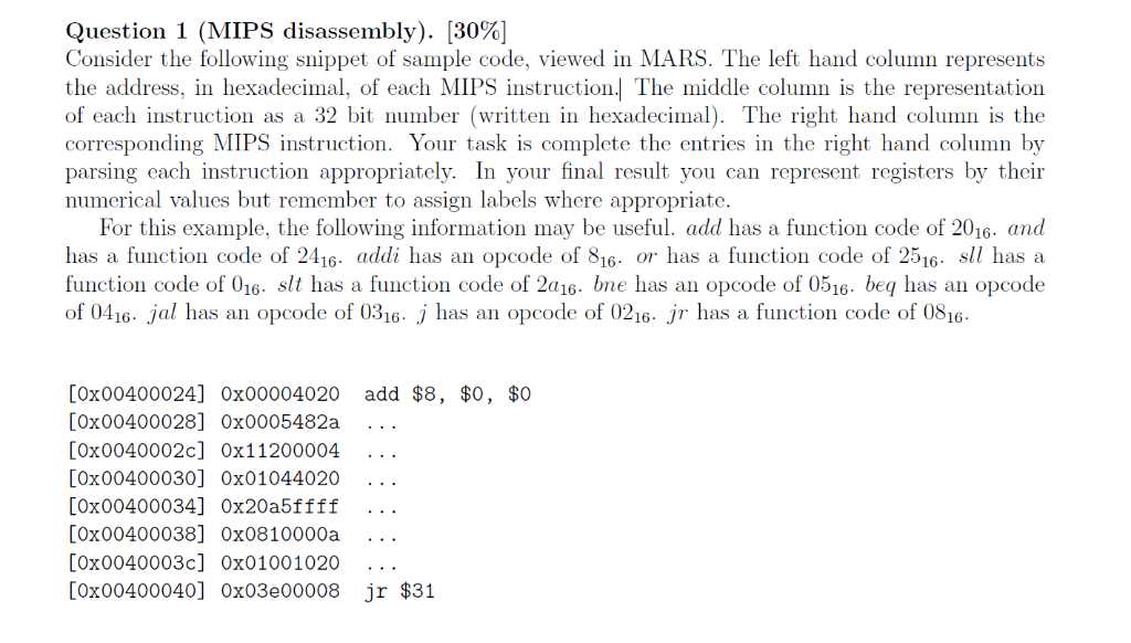Question 1 (MIPS disassembly, 30%) Consider the | Chegg.com