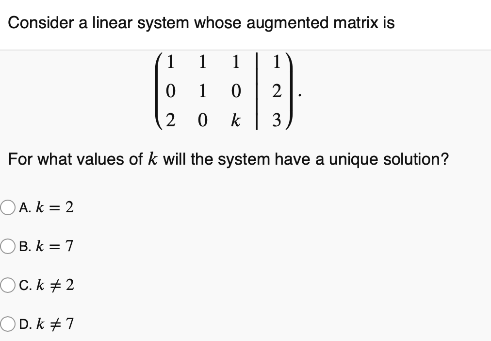 Solved Consider a linear system whose augmented matrix is (1 | Chegg.com