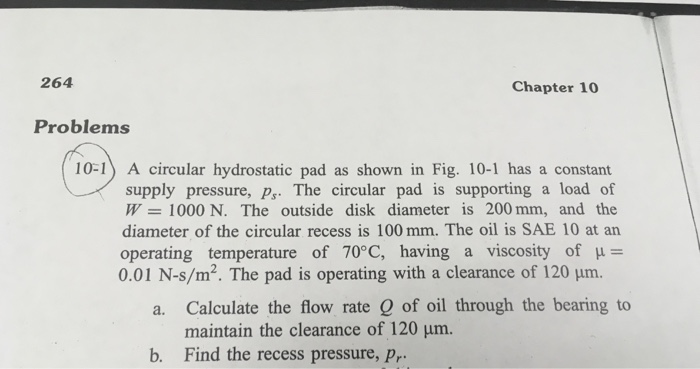 A circular hydrostatic pad as shown in Fig. 10-1 has | Chegg.com